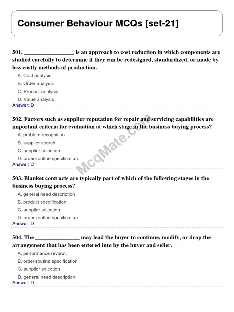More Mcqs Set 21 | PDF | Consumer Behaviour | Behavior