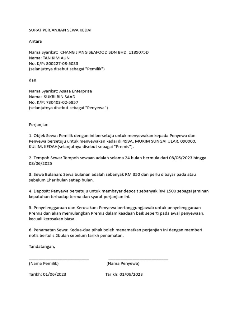 Template Surat Perjanjian Sewa Kedai 6 Pdf