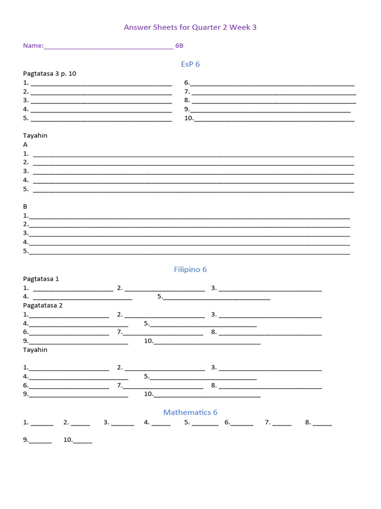 Answer Sheets for Week 3, Q2 | PDF
