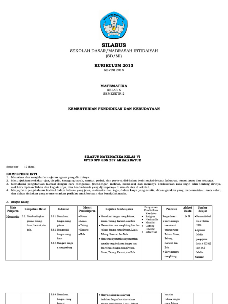 Silabus Matematika Kelas 6 Semester 2 | PDF