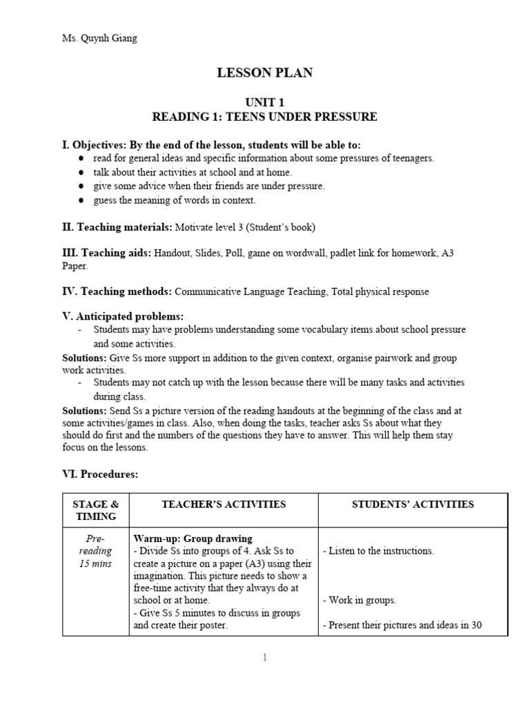 LESSON PLAN - Reading VUS | PDF