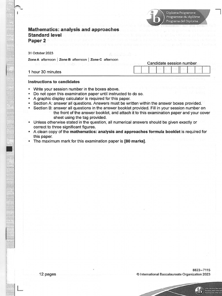 Mathematics Analysis and Approaches Paper 2 TZ0 SL | PDF