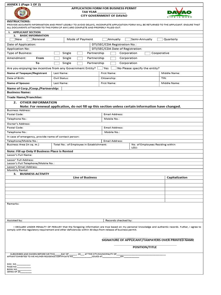 Business Permit App Form | PDF | Business | Government Finances