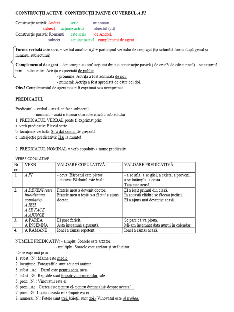 Teorie Clasa 8 Constructii Pasive Reflexive Predicatul | PDF