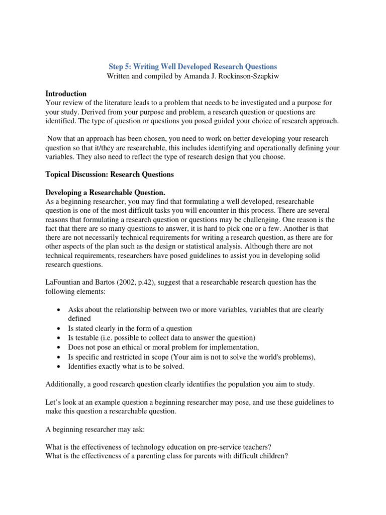 Step 5 Writing Well Developed Research Questions | PDF | Mathematics ...