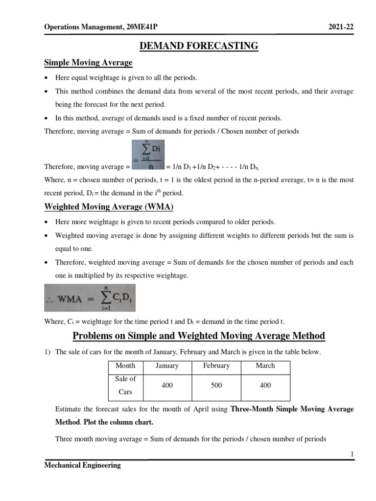Demand Forecasting: Simple Moving Average | PDF