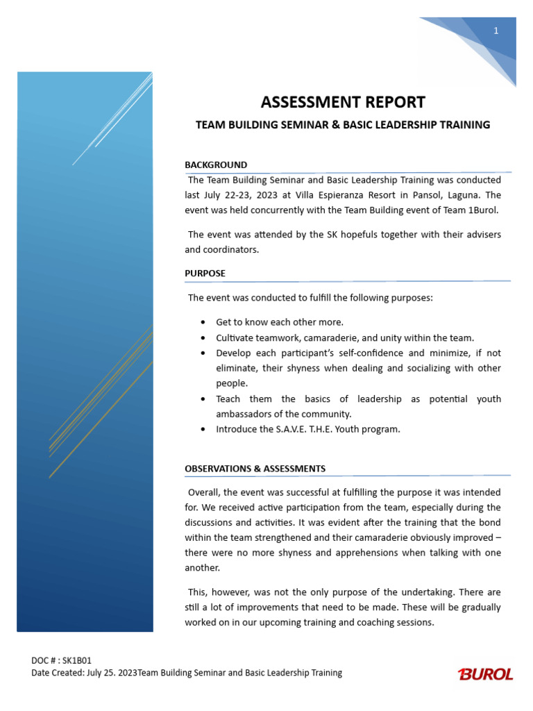 ASSESSMENT REPORT - Team Building and Basic Leadership Training | PDF ...