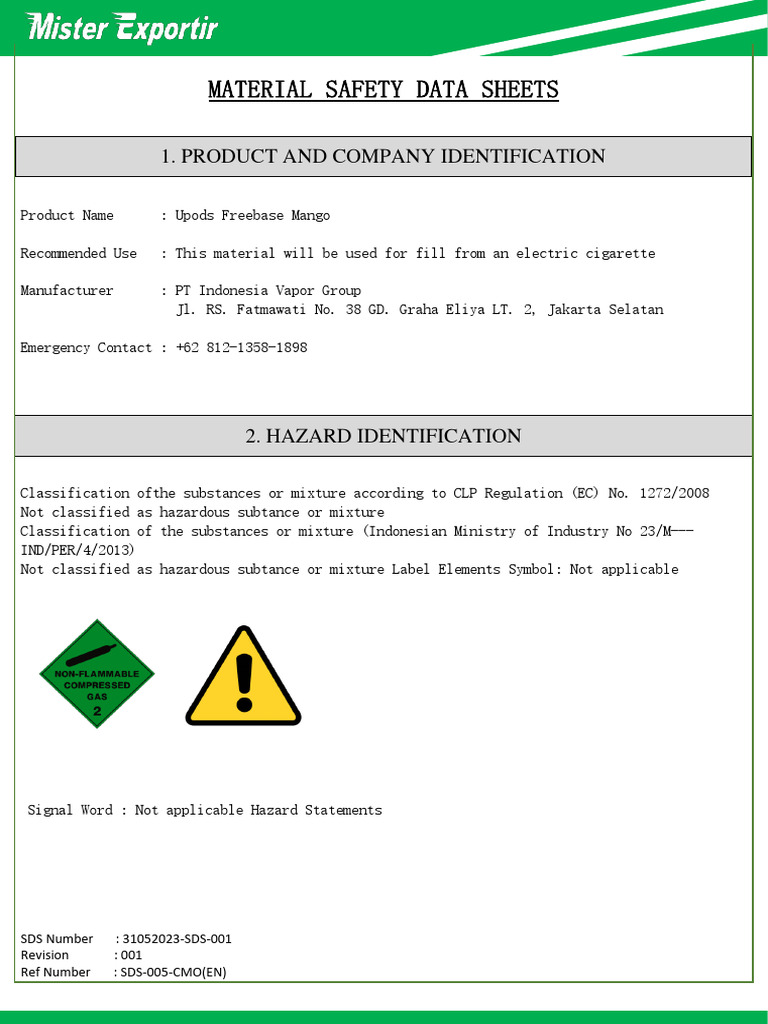 Upods Freebase Mango Safety Data Sheet | PDF | Dangerous Goods ...