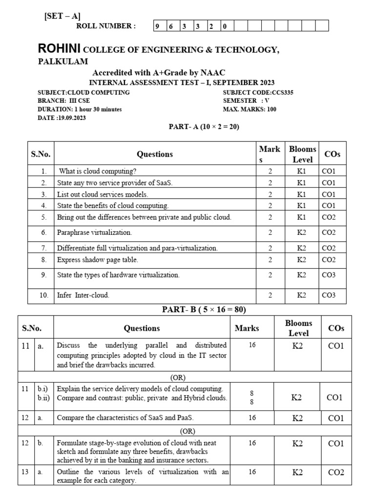 Iat 1 Cloud Computing Question Paper Pdf Virtualization Cloud
