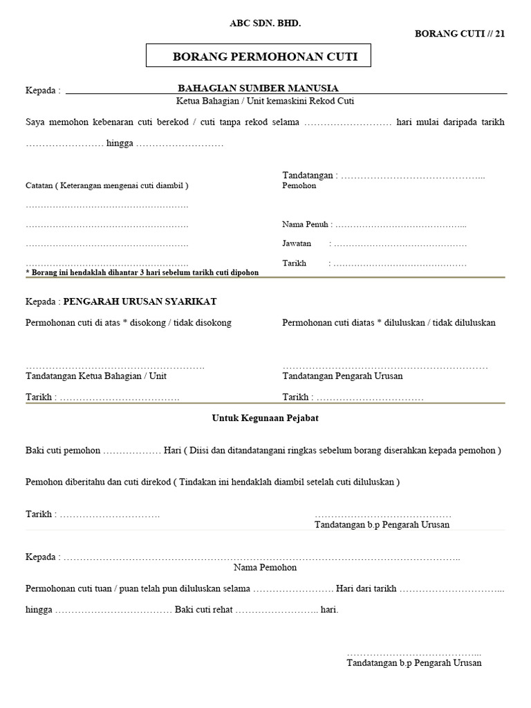 Borang Permohonan Cuti | PDF