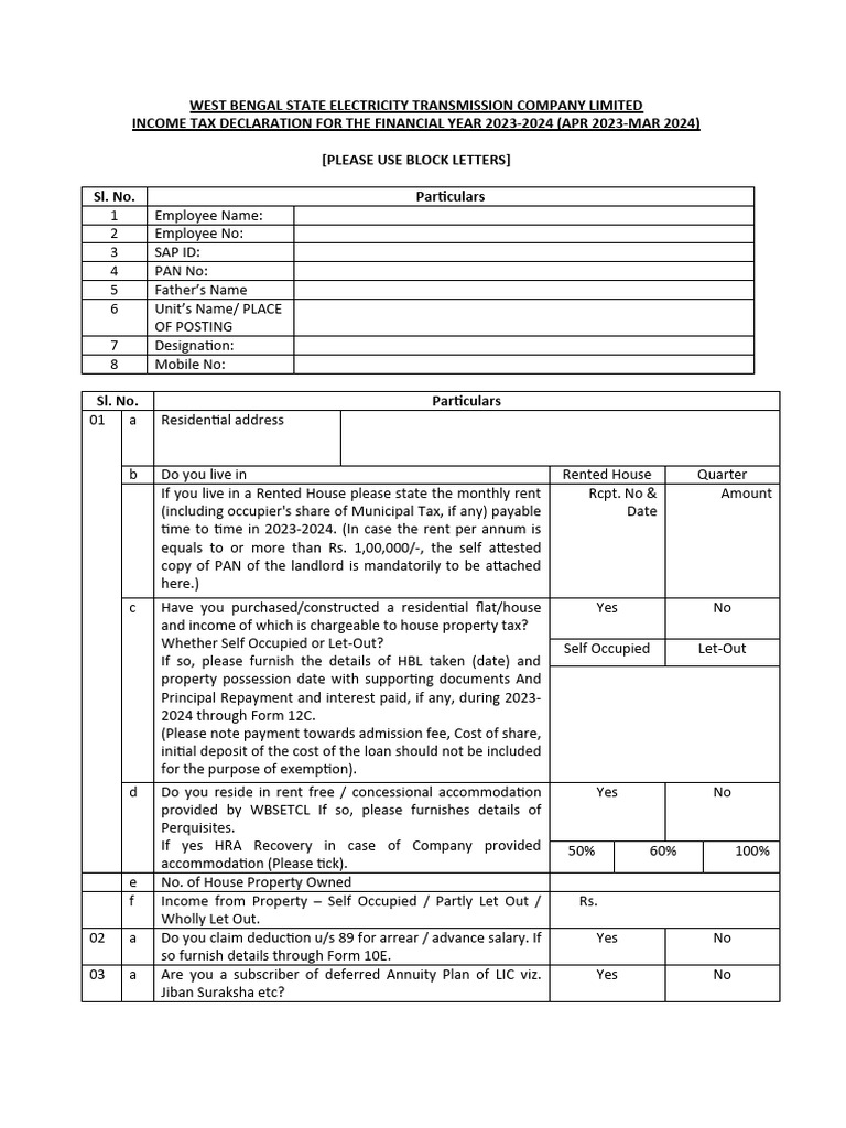 IT Declaration Format-05-12-2023 | PDF | Securities (Finance) | Pension