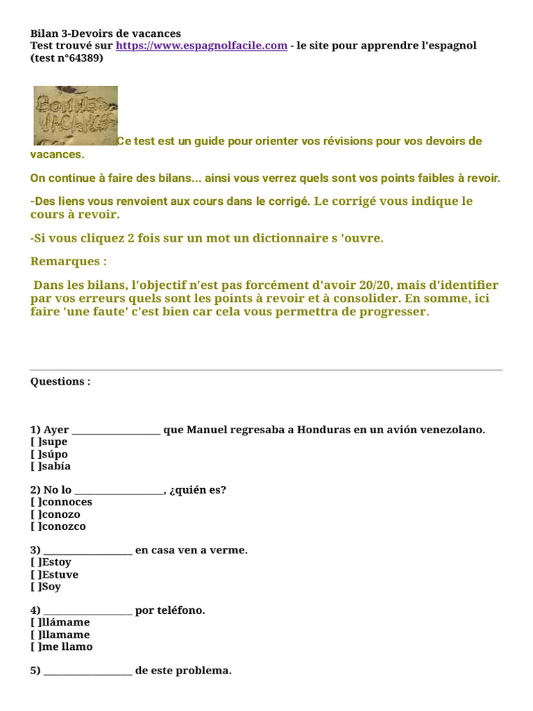 Bilan 3-Devoirs de Vacances | PDF