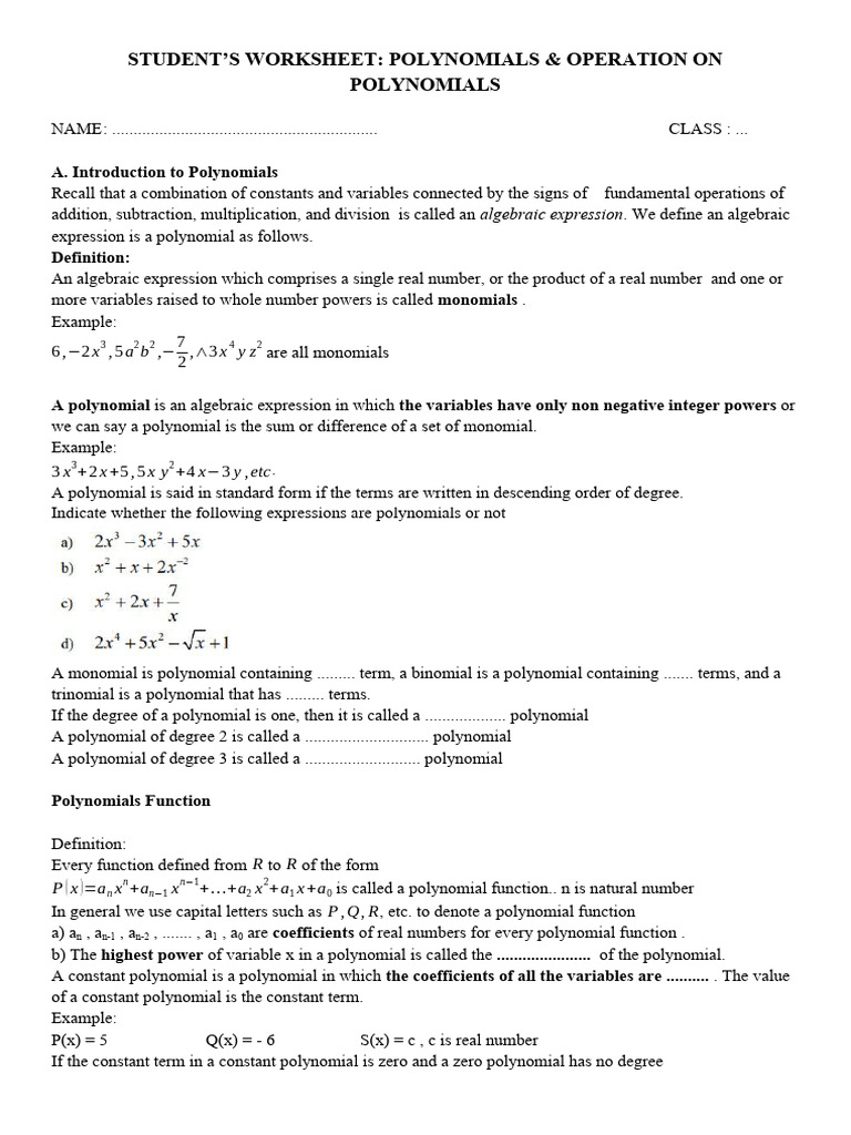Worksheet 1 | Download Free PDF | Polynomial | Integer