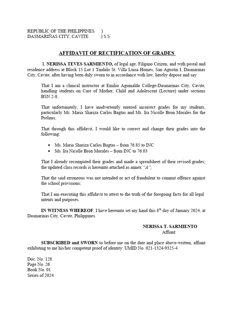 Affidavit of Rectification of Grades Sarmiento | PDF