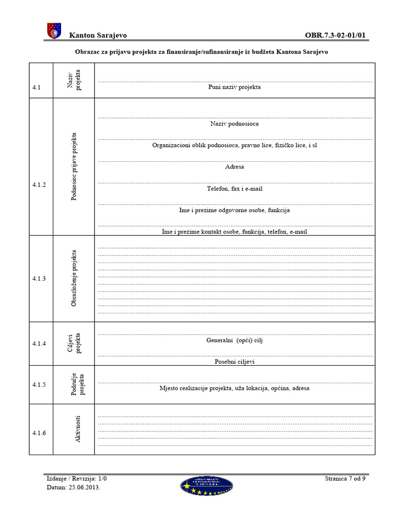 Obrazac Za Prijavu Projekta Za Finansiranjesufinansiranje Iz Budžeta ...