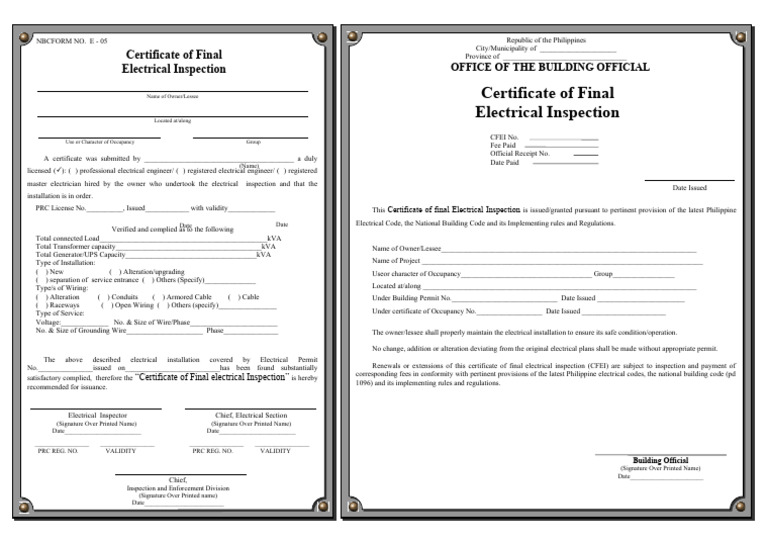 Certificate of Final Electrical Inspection | PDF | Electrical Wiring | Electricity