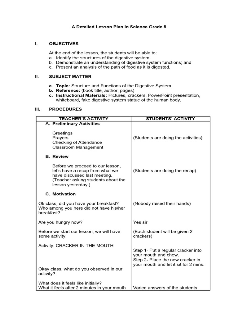 A Detailed Lesson Plan in Science Grade | PDF | Digestion | Stomach