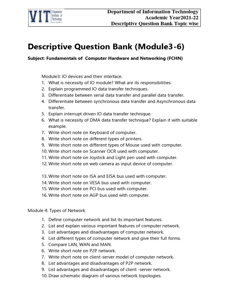 FCHN Descriptive Question Bank | PDF | Computer Network | Network Topology