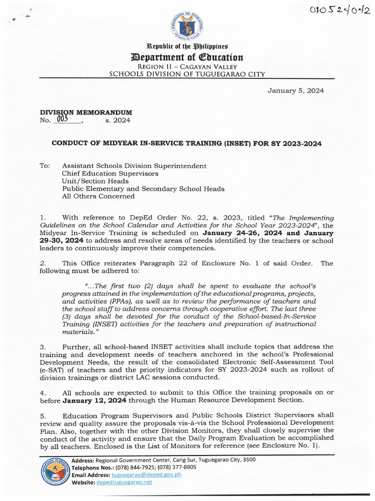 Div Memo No.005 s.2024 Conduct of Midyear In-Service Training (Inset ...