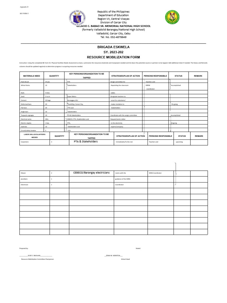 Brigada Eskwela Resource Mobilization Form | PDF