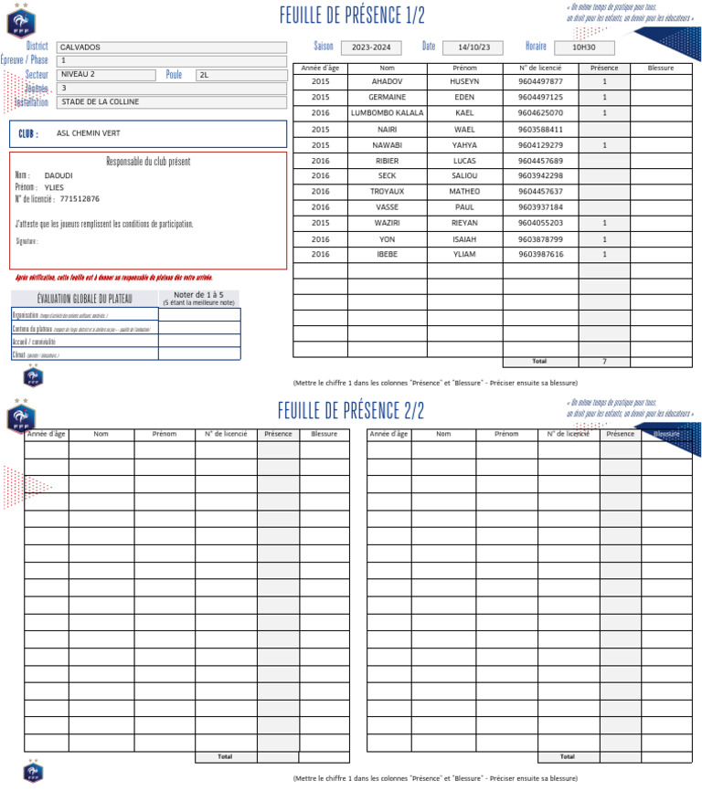Feuille de Presence U9 CHVV | PDF