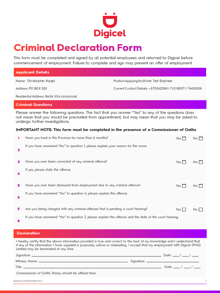 J012876 - Digicel - Criminal Declaration Form | PDF | Judiciaries | Public Law