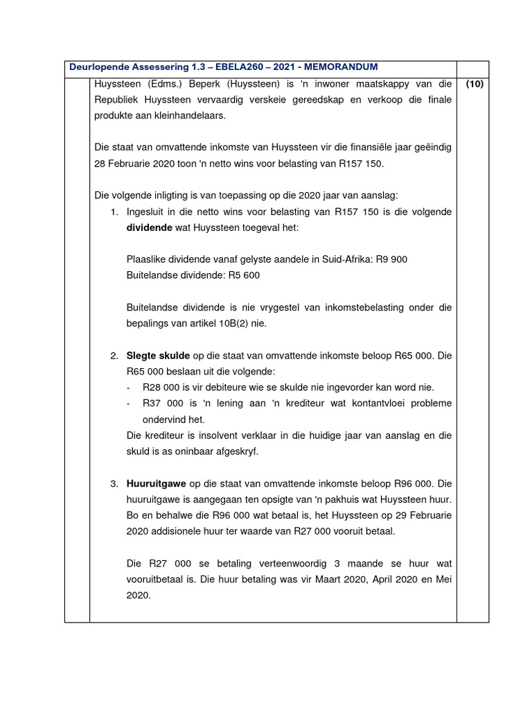 Deurlopende Assessering 1.3 - EBELA260 - 2021 - MEMO | PDF