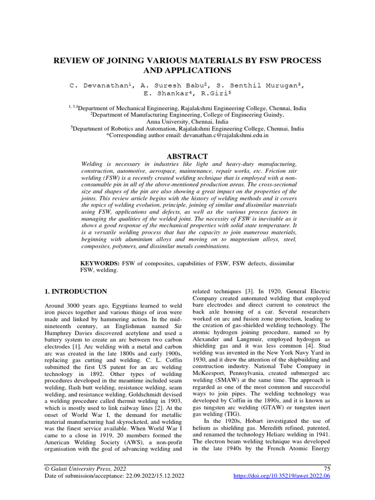 FSW Process: Materials Joining Review | PDF | Art | Science & Mathematics