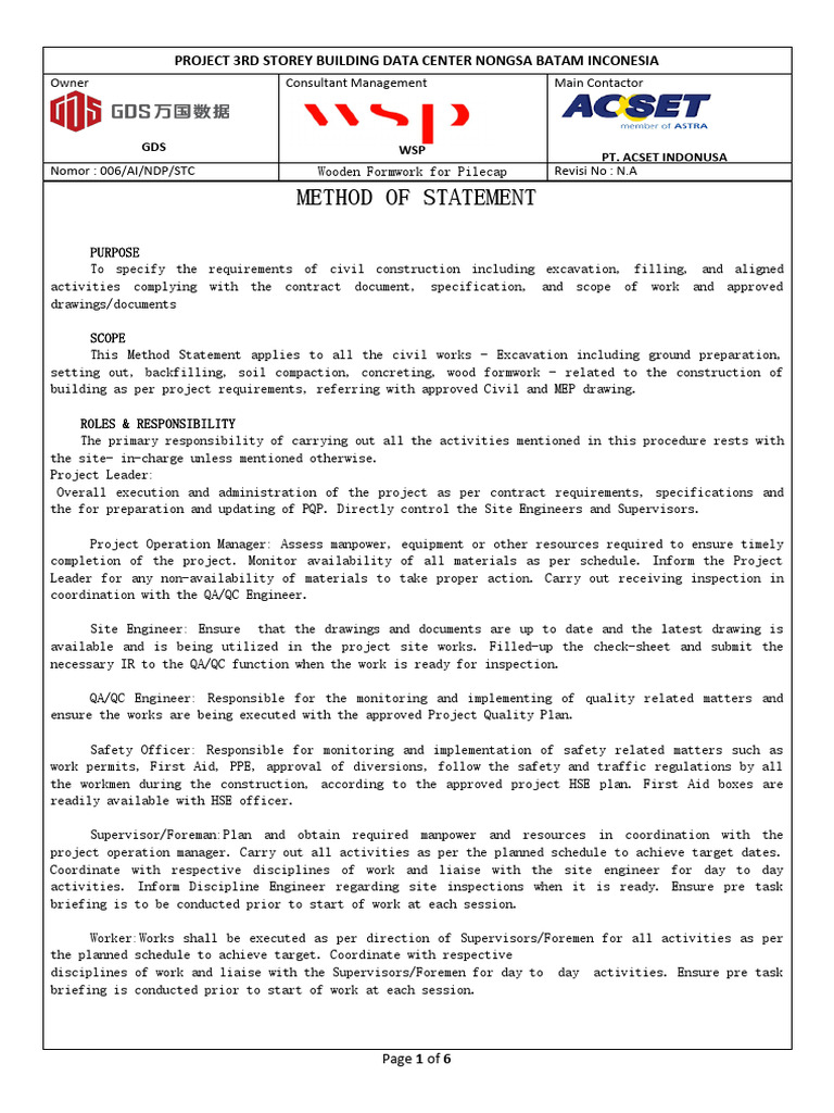 Metode Statement Wooden Formwork For Pilecap | PDF | Concrete | Deep ...