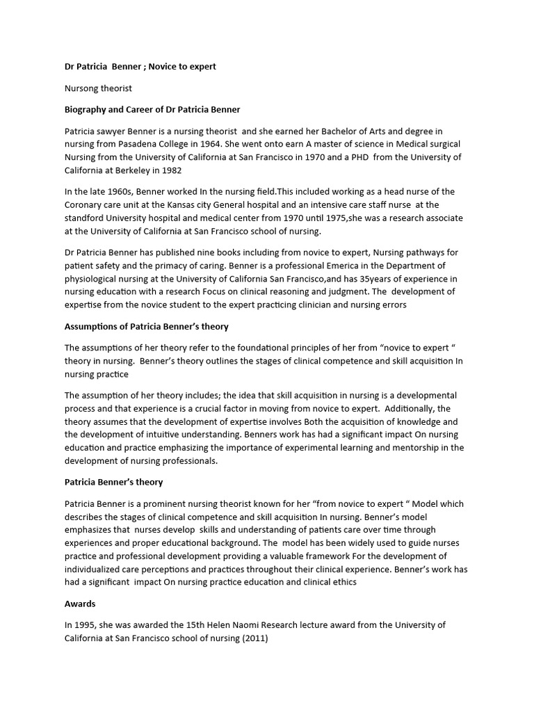DR Patricia Benner's Theory | PDF | Nursing | Expert