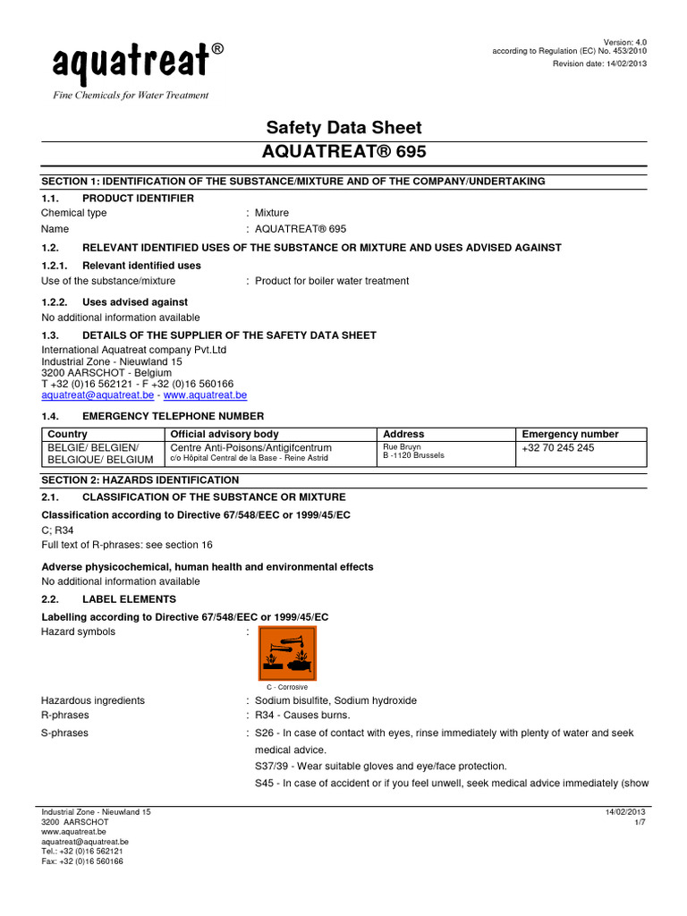 Aquatreat® 695 | Download Free PDF | Toxicity | Dangerous Goods