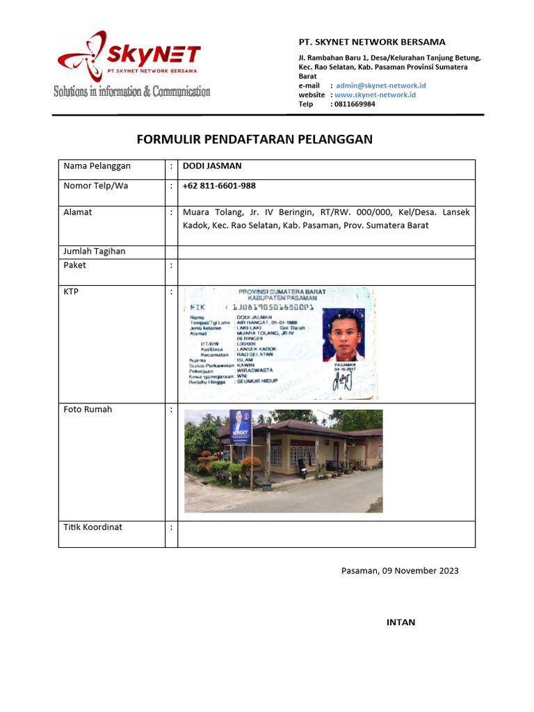 Formulir Pendaftaran Skynet Pasaman | PDF