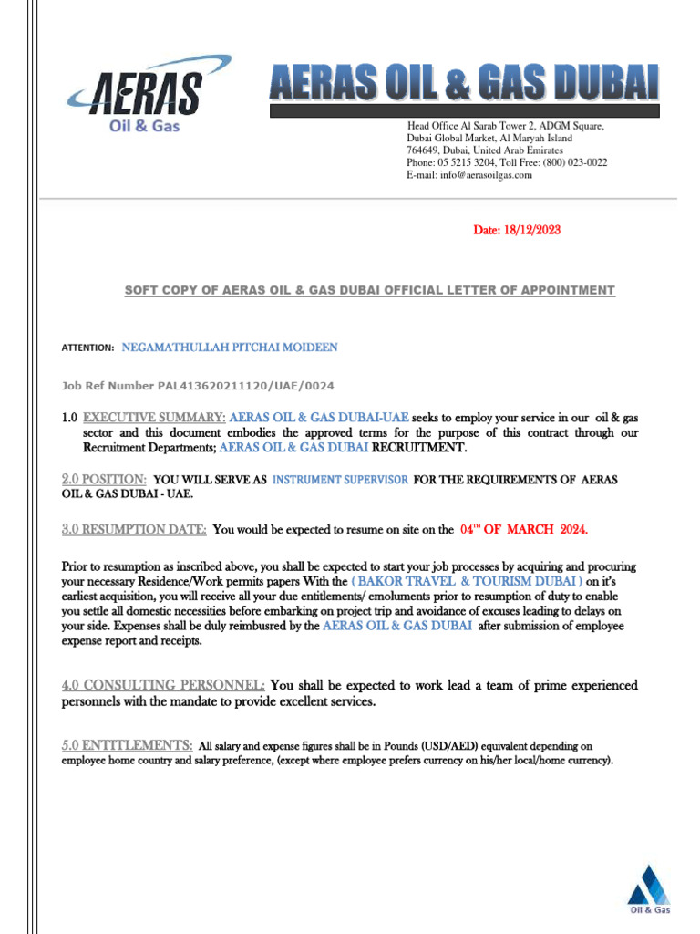 Aeras Oil & Gas Offer Letter Uae | PDF | Employment | Dubai
