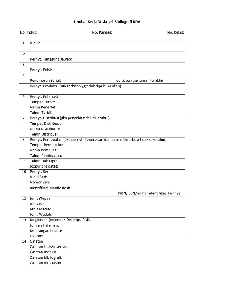 Form Lembar Kerja Deskripsi Bibliografi Buku Dan Non Buku | PDF | Komputer