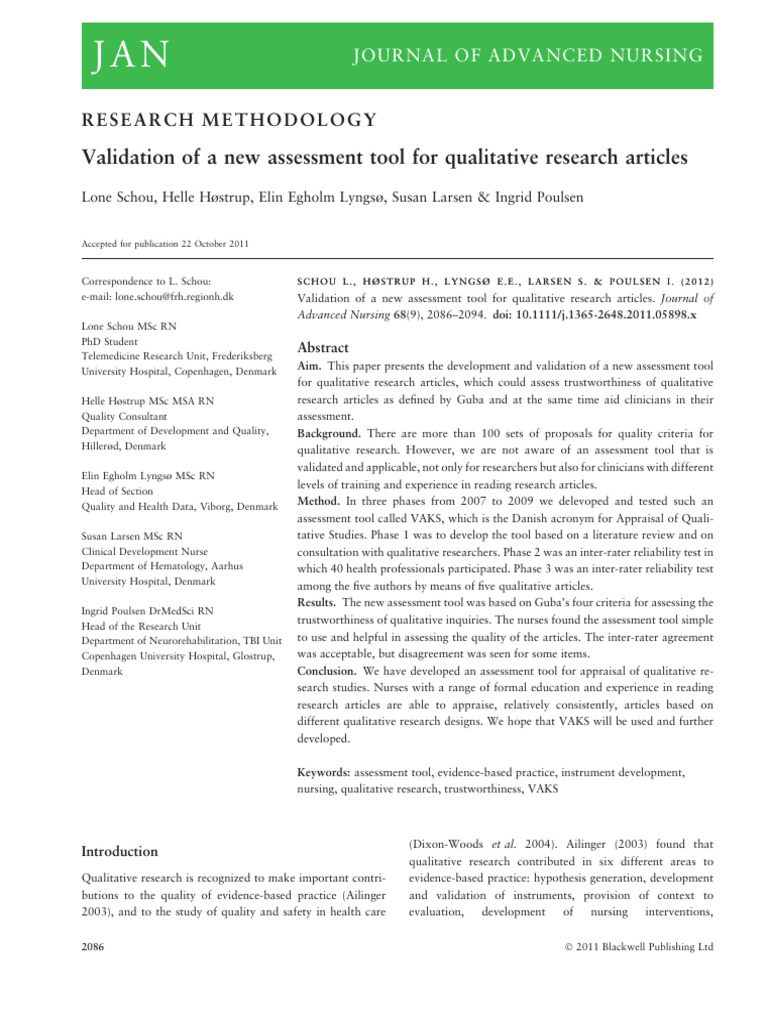 Validation of A New Assessment Tool For Qualitative Research Articles ...