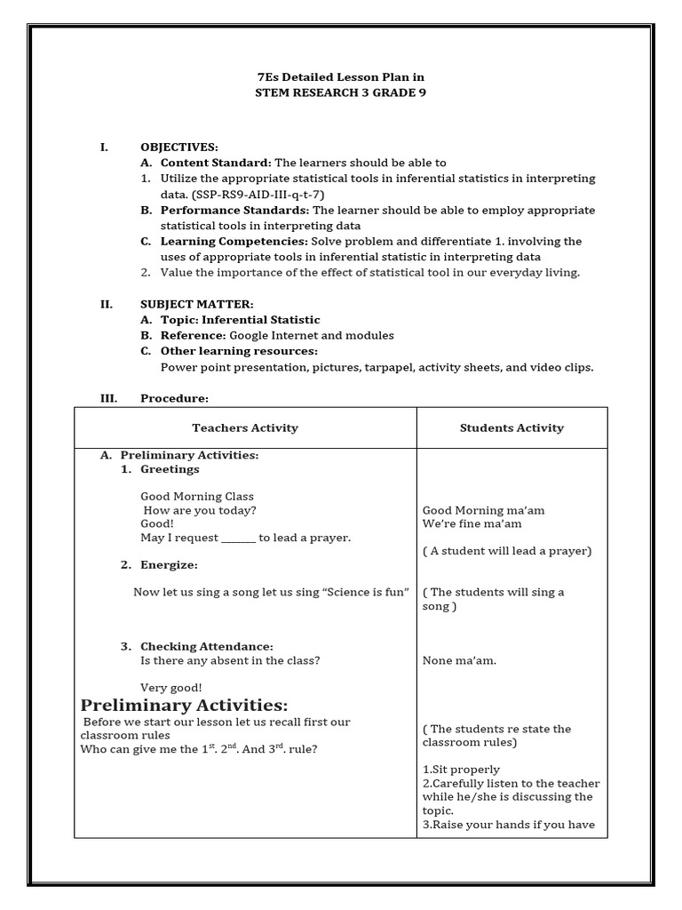 7Es Lesson Plan: Inferential Statistics | PDF | Science & Mathematics