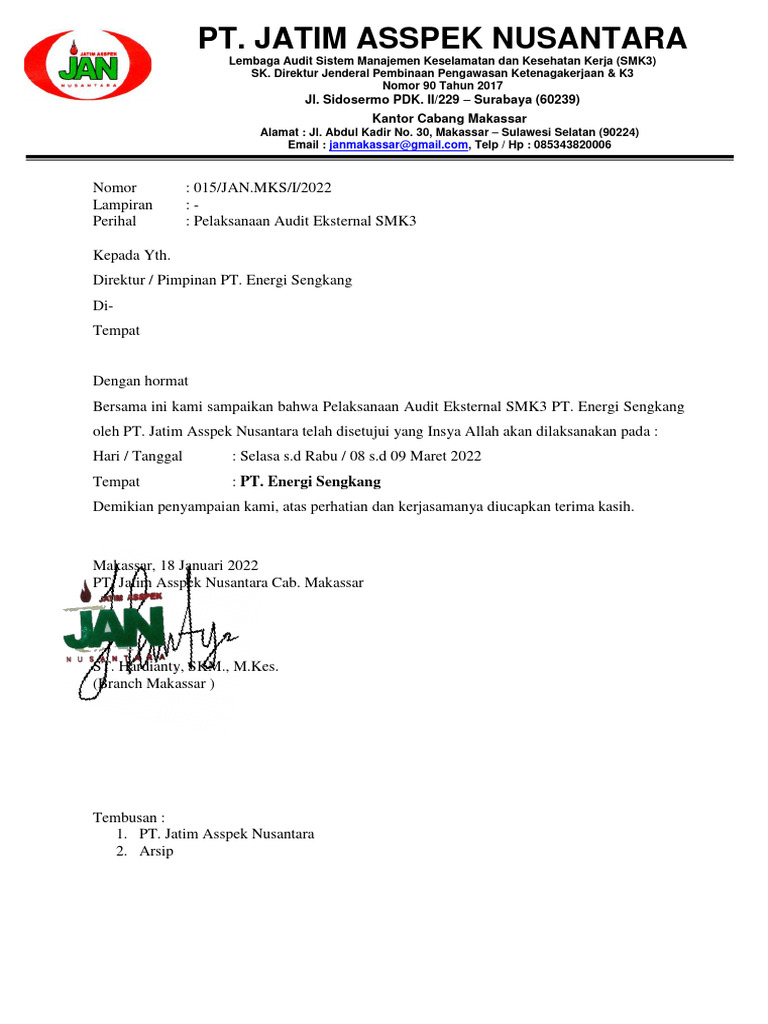 Penyampaian Pelaksanaan Audit SMK3 Jan - Pes 2022 | PDF