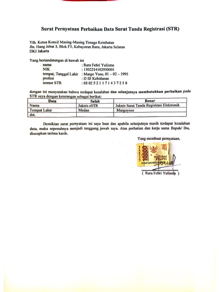 Surat Pernyataan Perbaikan Data STR | PDF