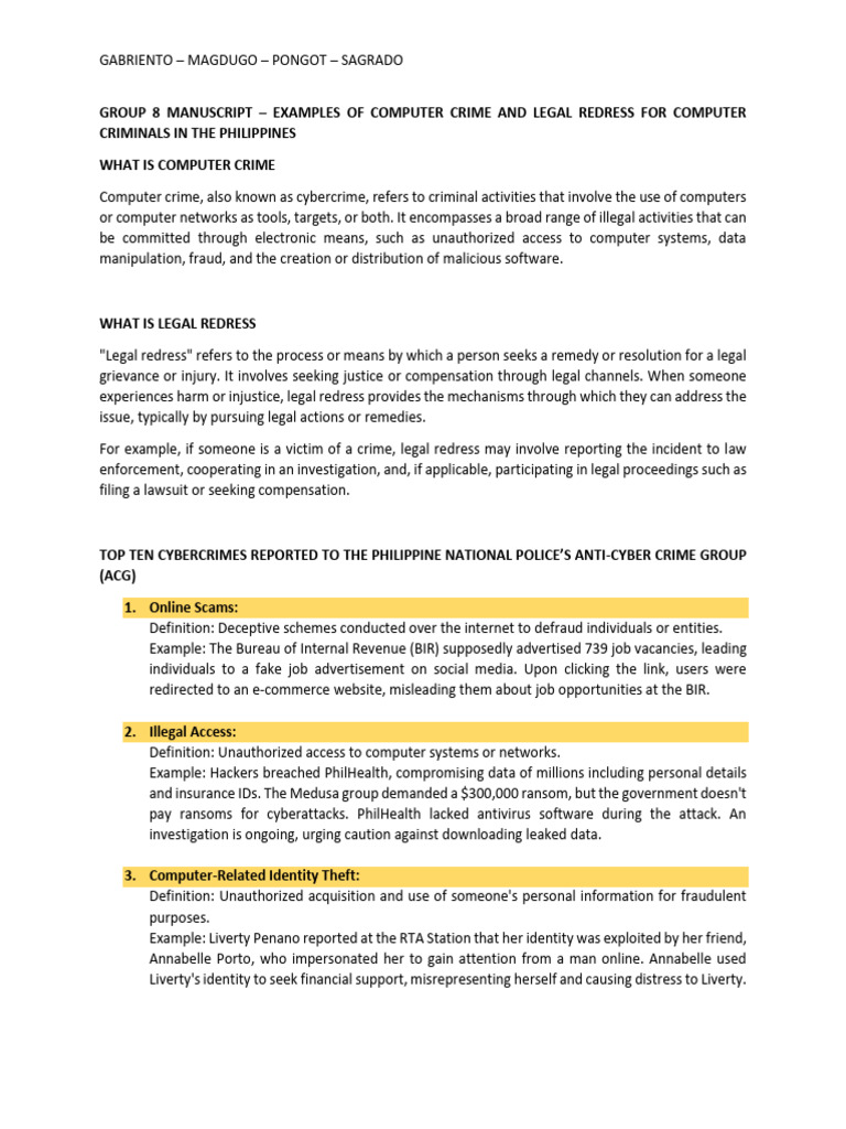 MANUSCRIPT Examples of Computer Crimes and Legal Redress For Computer ...