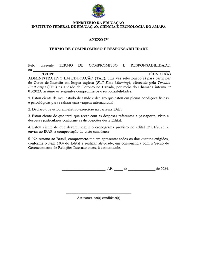 Anexo Iv Termo De Compromisso E Responsabilidade Pdf