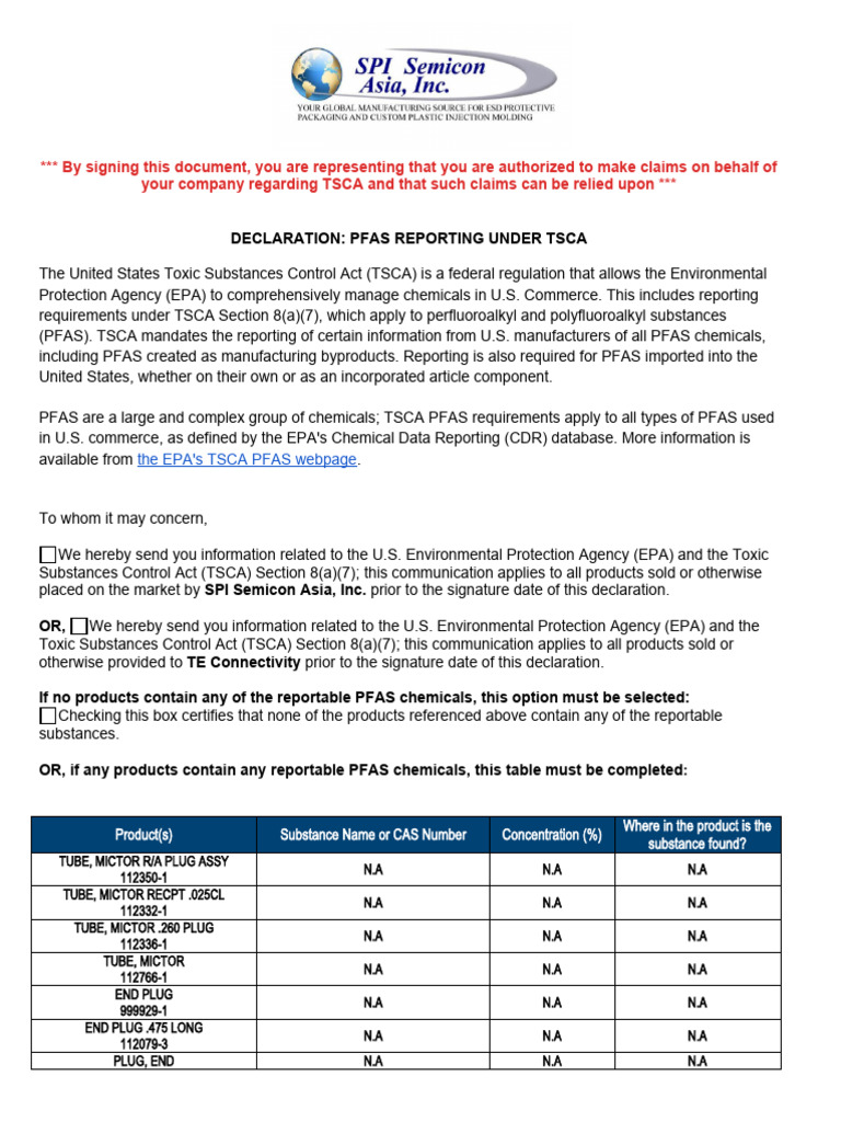 TSCA PFAS Declaration Template | PDF | Occupational Safety And Health | Pollution