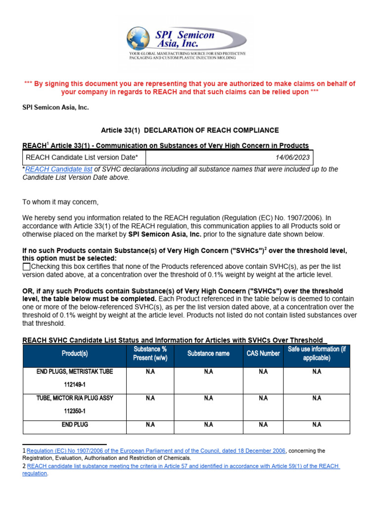 EU REACH SVHC - Declaration Template - English | PDF | Home & Garden ...