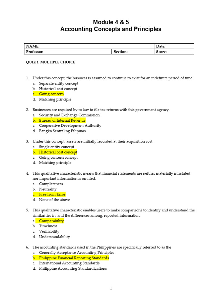 Quizzes - Chapter 4 - Accounting Concepts and Principles | Download ...