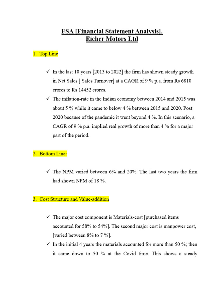 FSA (Financial Statement Analysis) - Eicher Motors LTD | PDF | Revenue ...