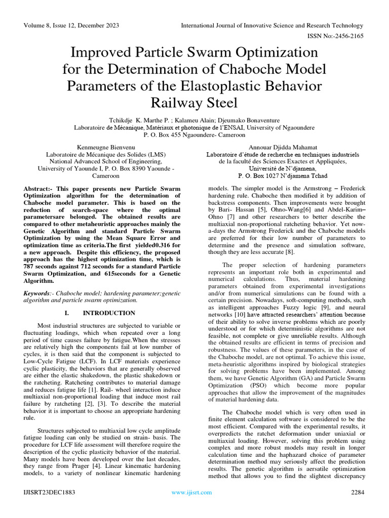 Improved Particle Swarm Optimization For The Determination of Chaboche ... Improved Particle Swarm Optimization For The Determination of Chaboche ...