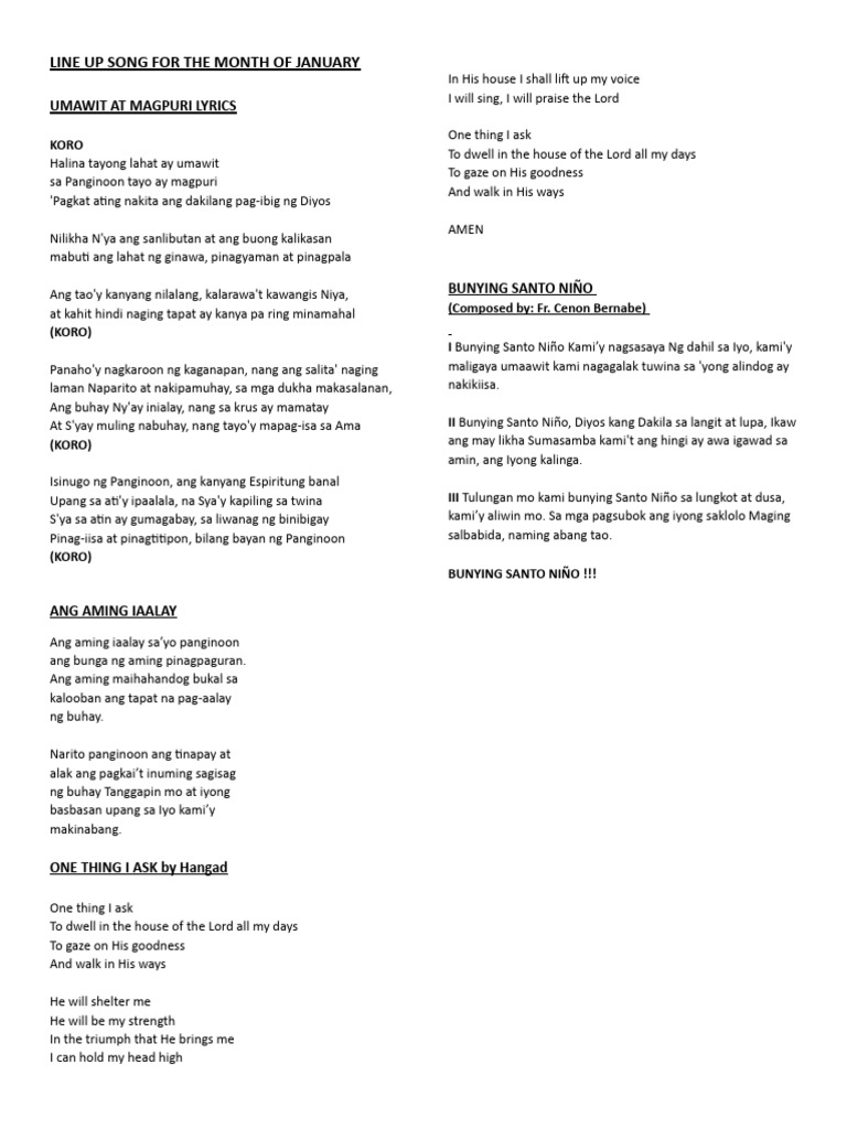 Line Up Song For The Month of January | PDF