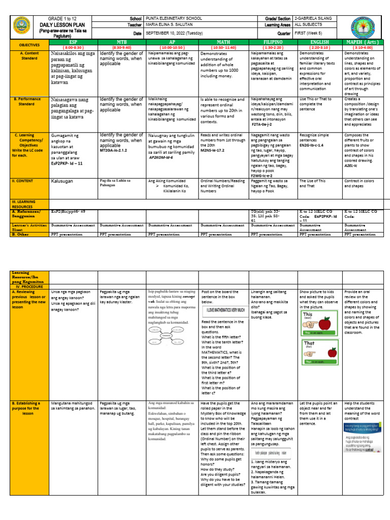 DLL - All Subjects 2 - Q1 - W5 - D1 | PDF