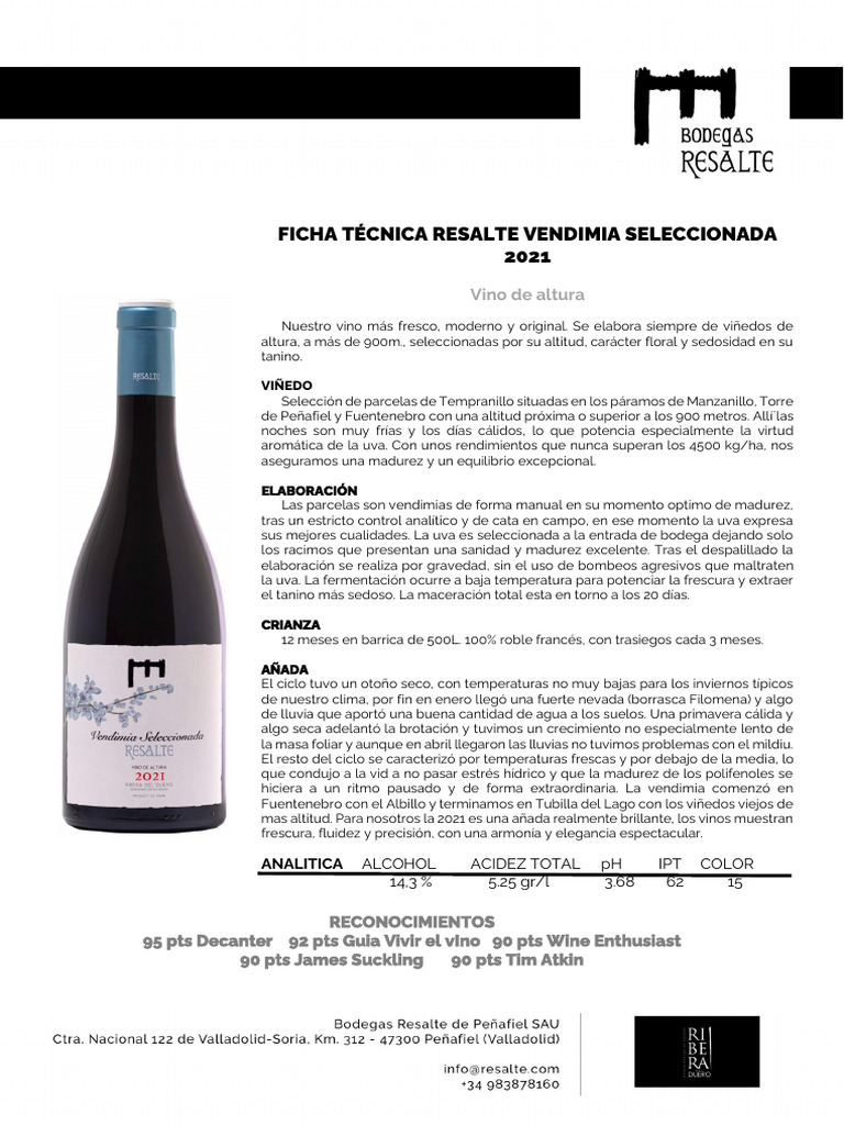 Ficha Vendimia Seleccionda 2021 ES en | PDF | Vino | Bebidas Fermentadas