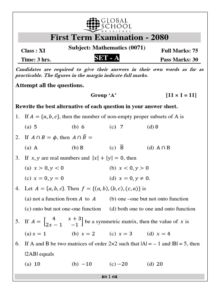 Math Xi Set A First Term 2080 Final | PDF | Matrix (Mathematics) | Abstract Algebra