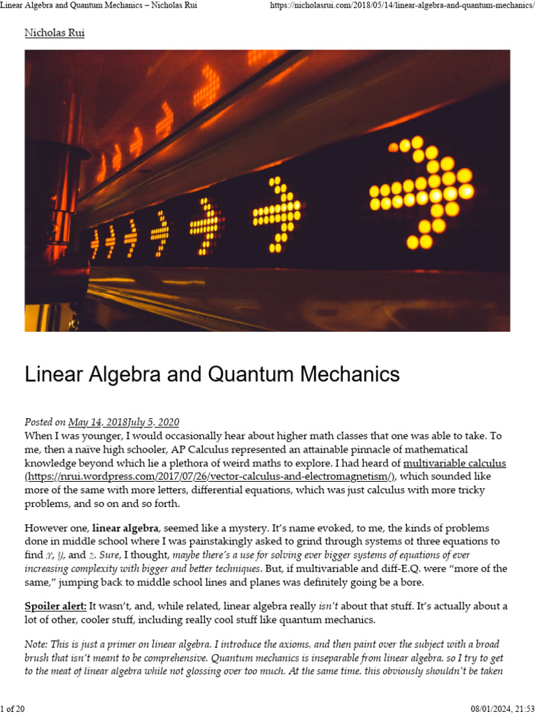 Linear Algebra and Quantum Mechanics - Nicholas Rui | PDF | Eigenvalues And Eigenvectors ...